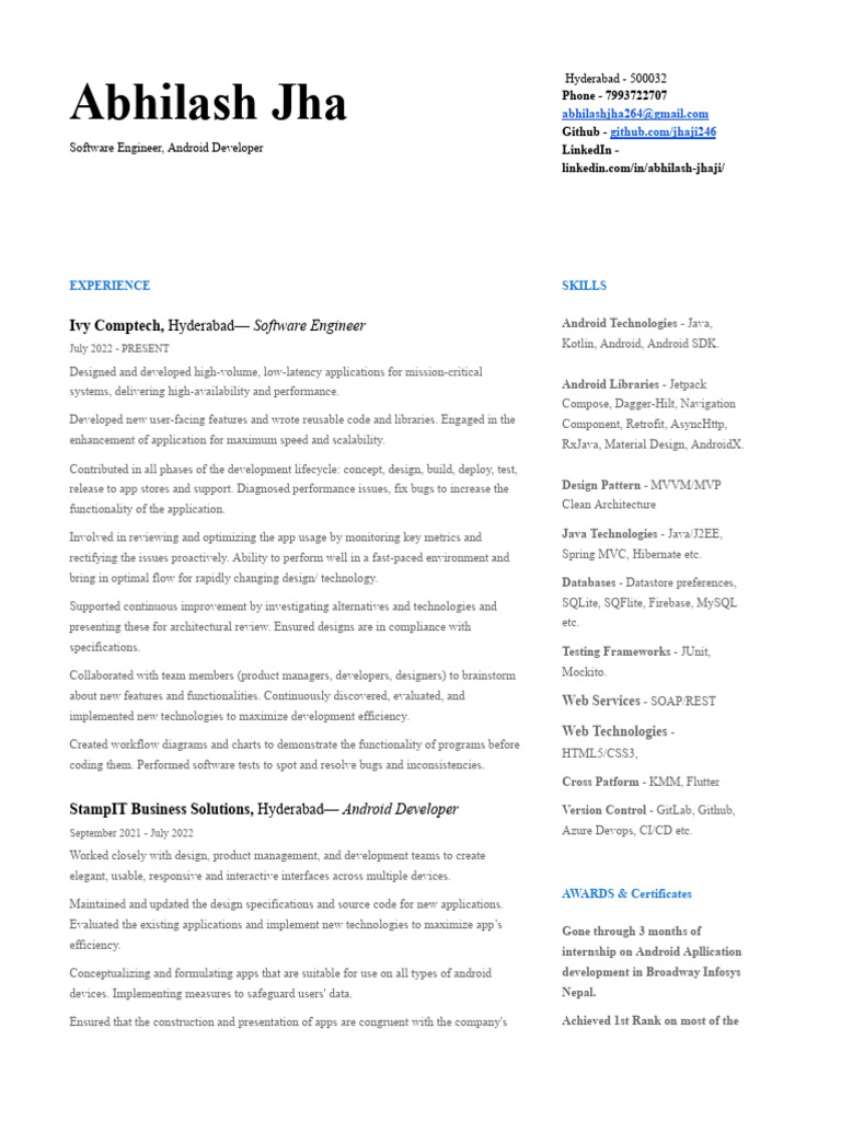 Abhilash_Resume_Android_4yrs | PDF | Android (Operating System) | Mobile App