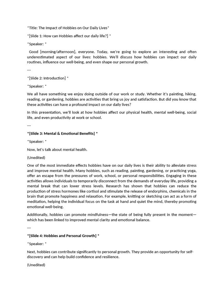 Hobbies and Personal Development Benefits | PDF | Hobbies ...