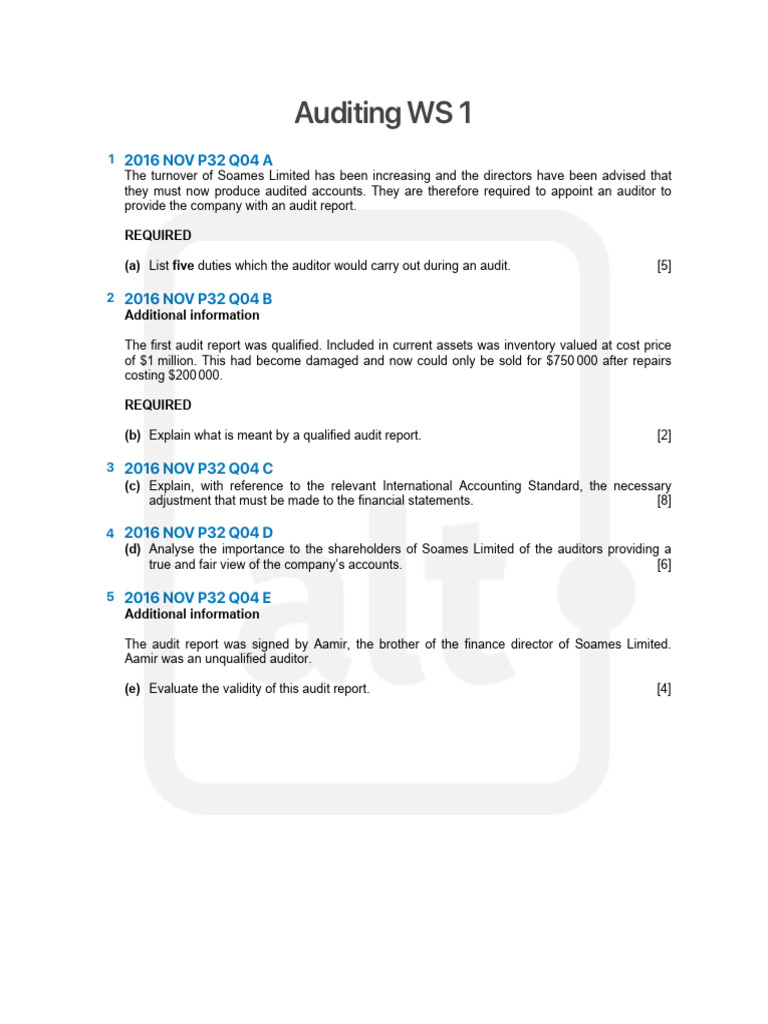 Auditing Worksheet 1 | PDF | Auditor's Report | Audit