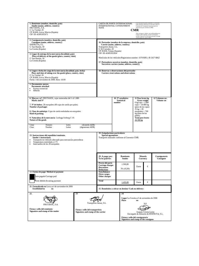 Ejercicio 1 - Carta de Porte CMR | PDF