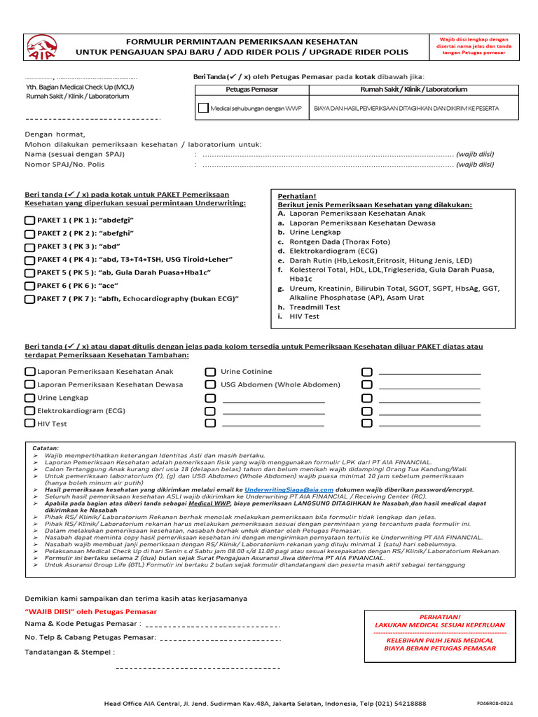 Formulir Permintaan Pemeriksaan Kesehatan Untuk Pengajuan Spaj Baru - Add Rider Polis - Upgrade ...