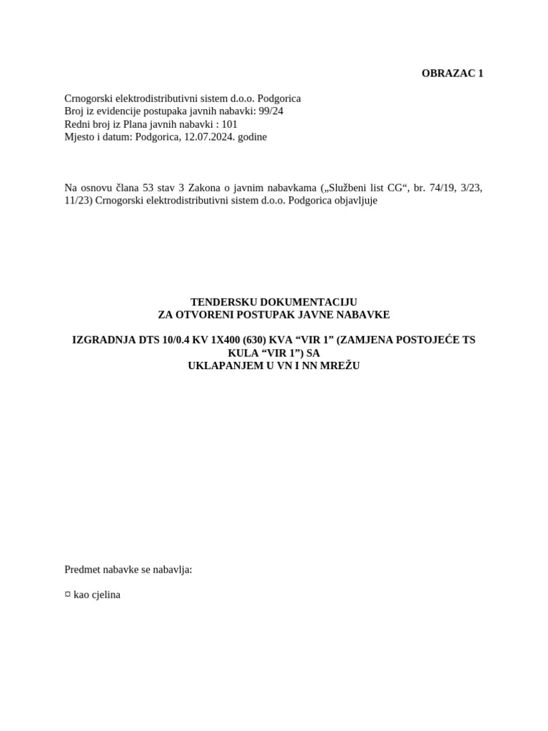 99-24 Tenderska Dokumentacija | PDF