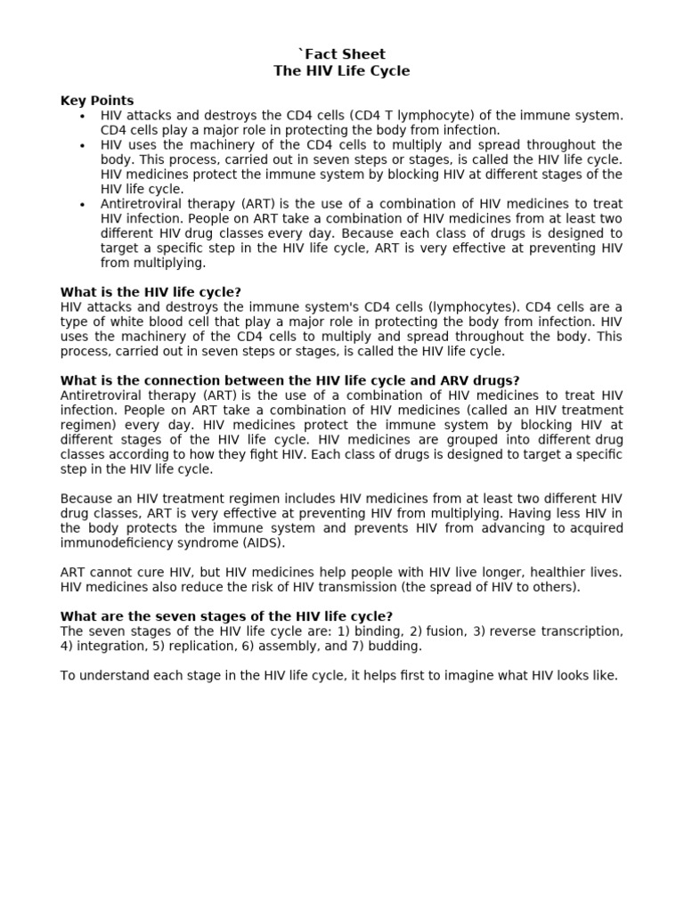HIV Replication_Fact Sheet | PDF | Hiv | Management Of Hiv/Aids