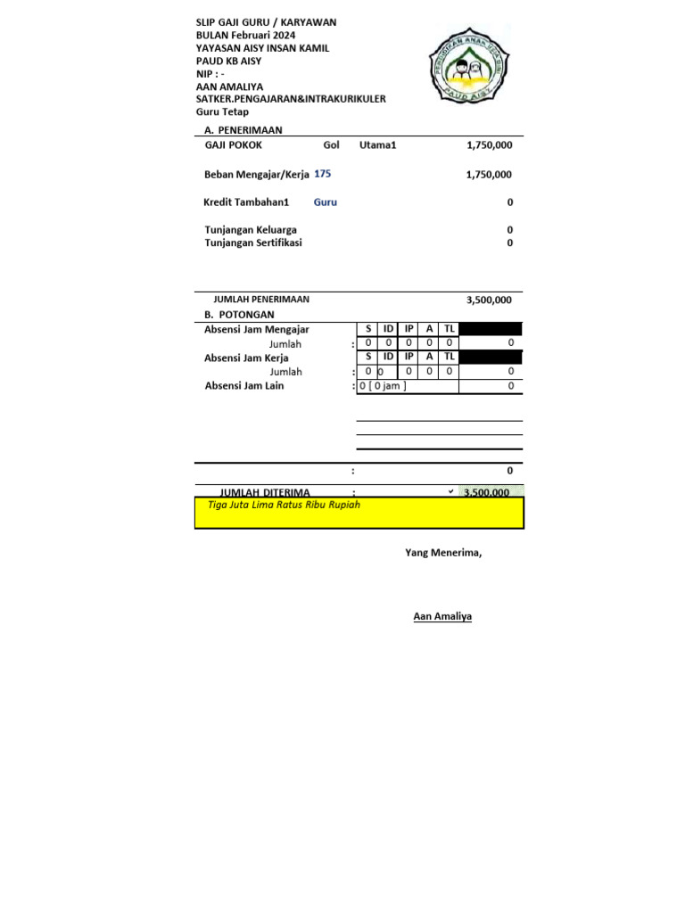 Slip Gaji Guru Yayasan Aisy | PDF