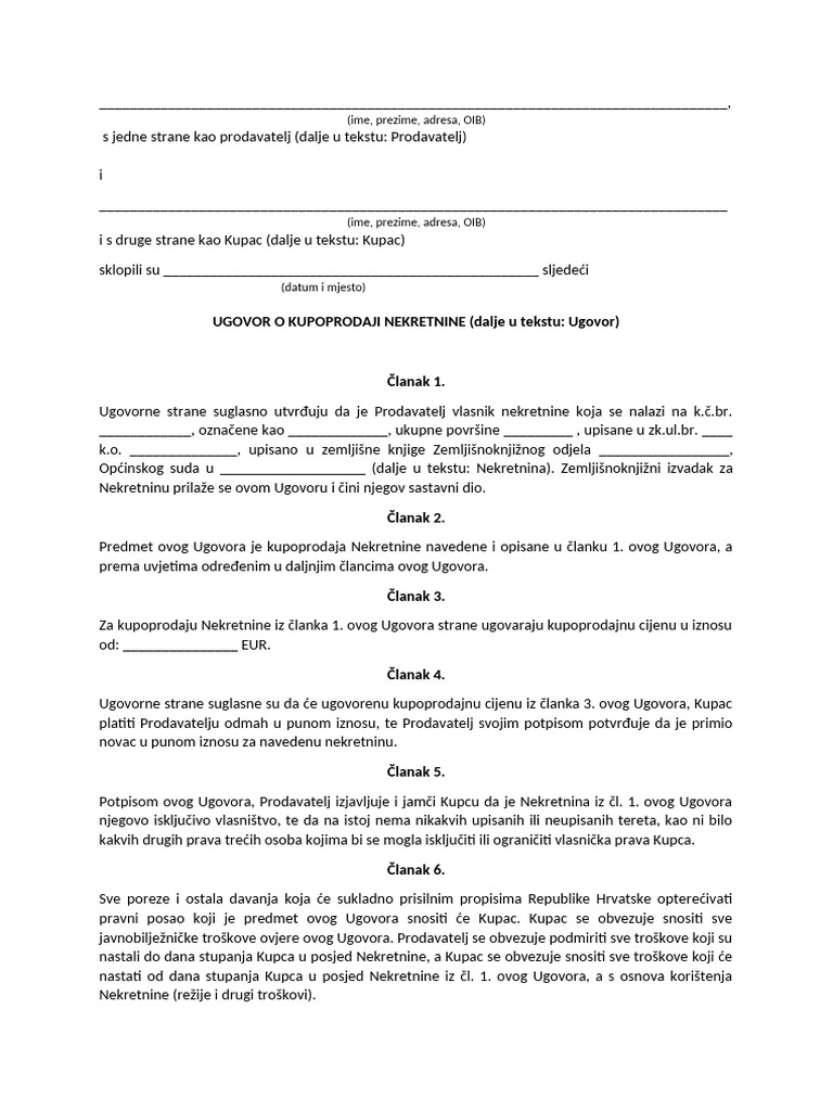 Primjer Ugovora o Kupoprodaji Nekretnina | PDF