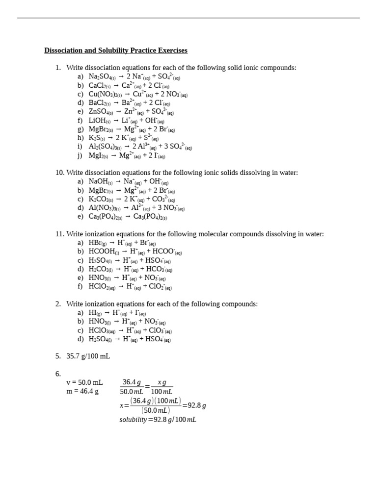 Dissociation and Solubility Practice Exercises Solutions | PDF ...