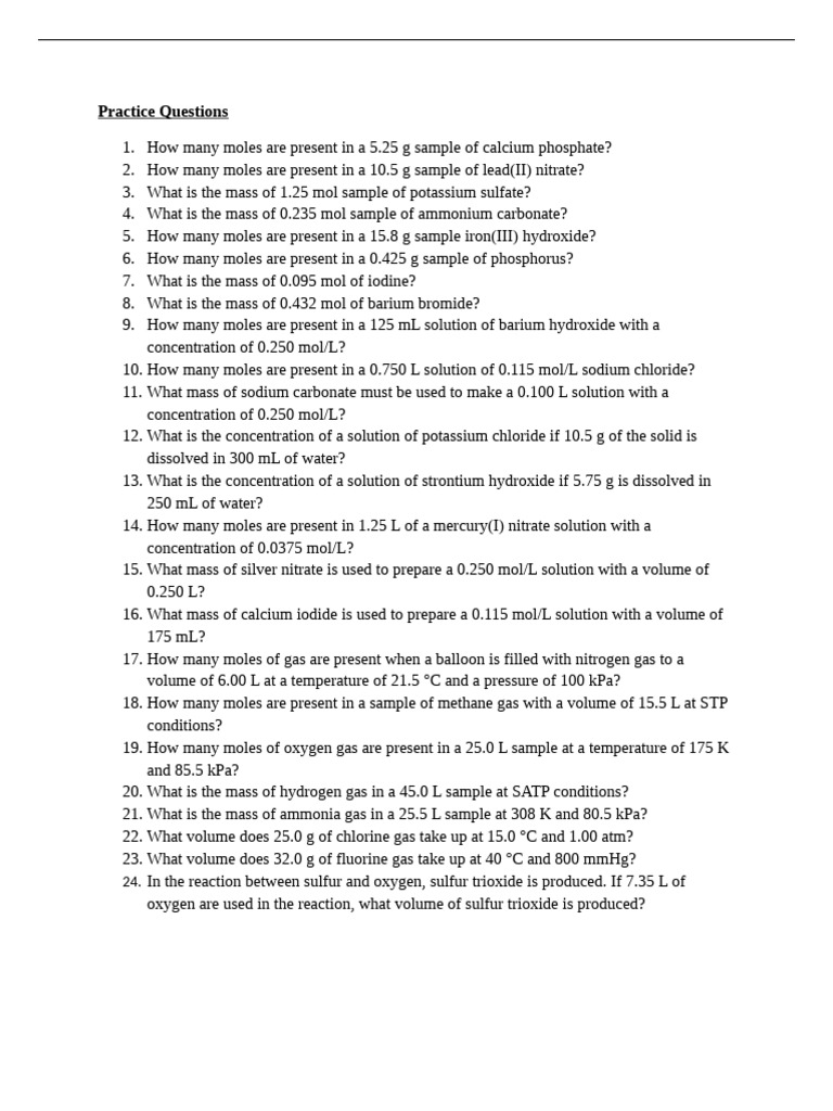 Moles Practice Questions | PDF | Sulfur | Hydroxide
