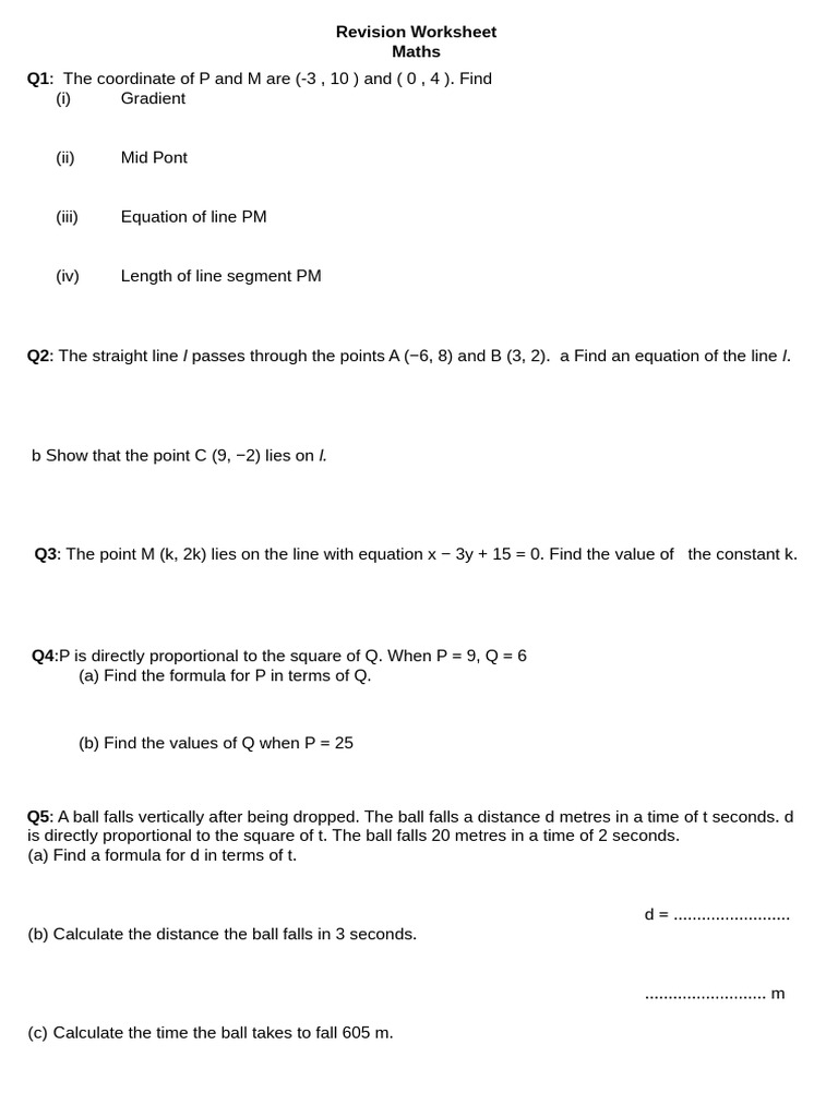 Maths Revision Worksheet: Key Concepts | PDF | Cartesian Coordinate ...