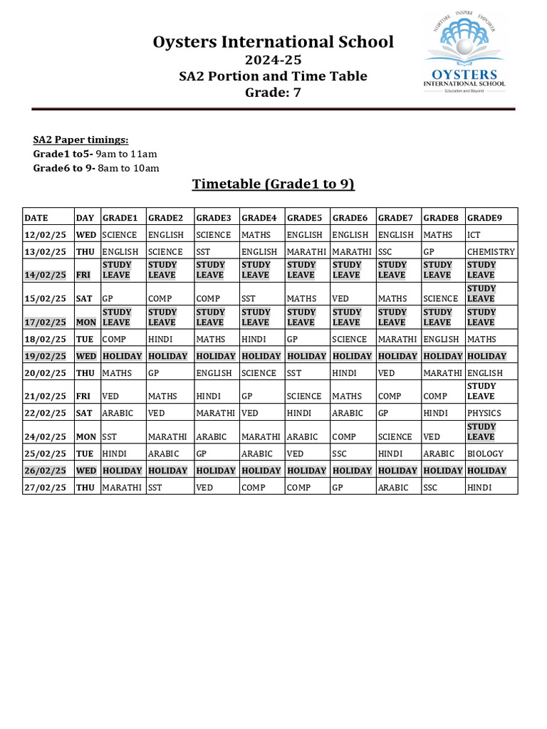 Grade 7 - SA2 - Feb'25 - Timetable and Portion | PDF | Science | Inquiry