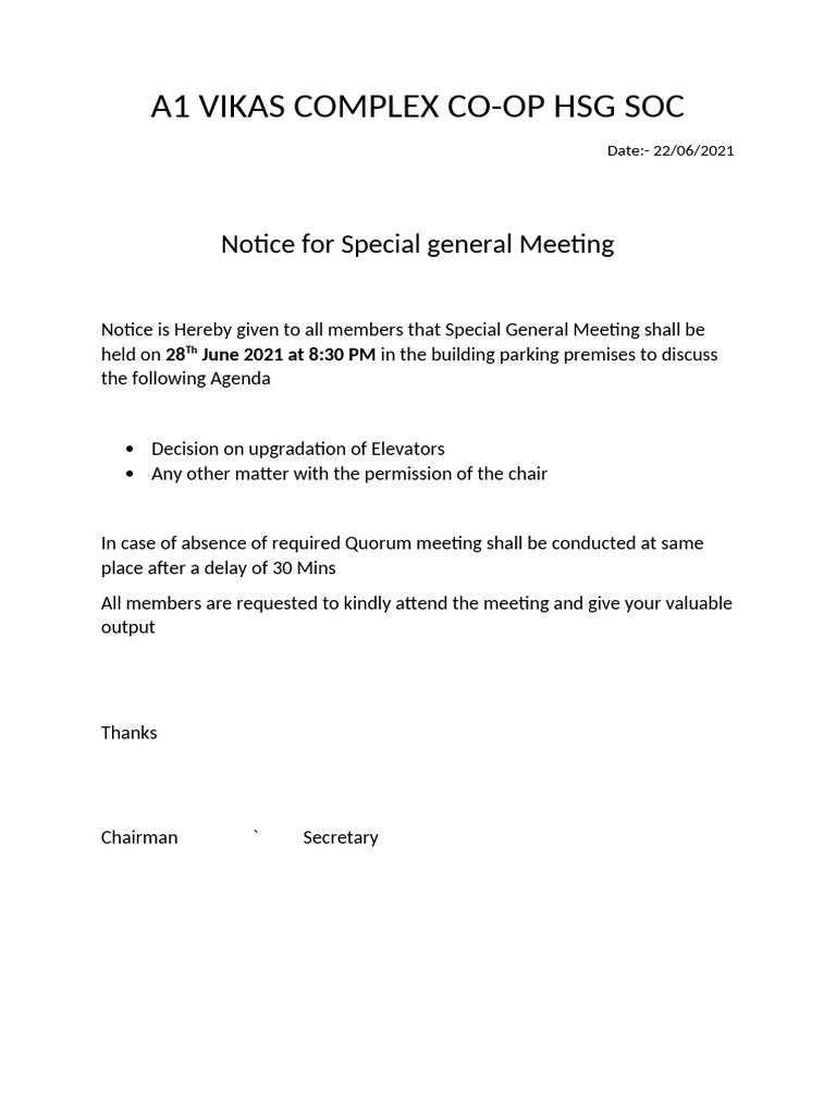 A1 Vikas Complex Co SGM Notice | PDF