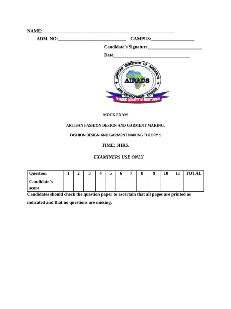 Fashion Design Exam: Garment Making Theory | PDF | Seam (Sewing) | Sewing