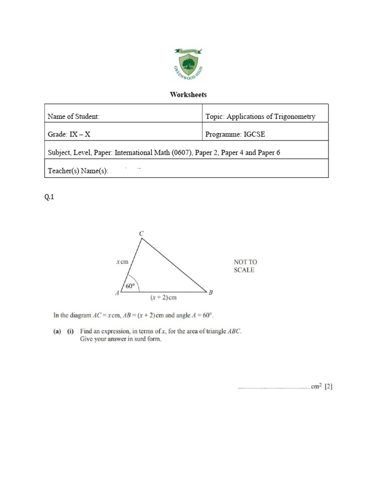 IGCSE Trigonometry Worksheets for IX-X | PDF