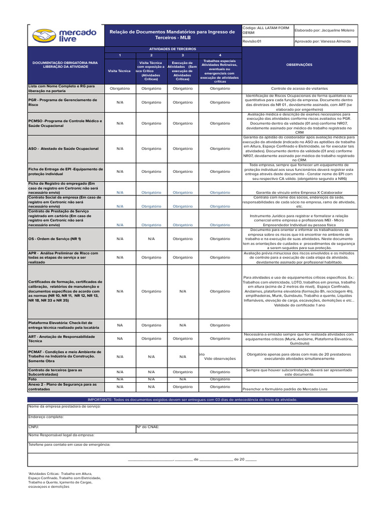 Anexo XV - Requisitos Indispensáveis para Ingresso de Contratadas e Subcontratadas - MLB - Plan1 ...