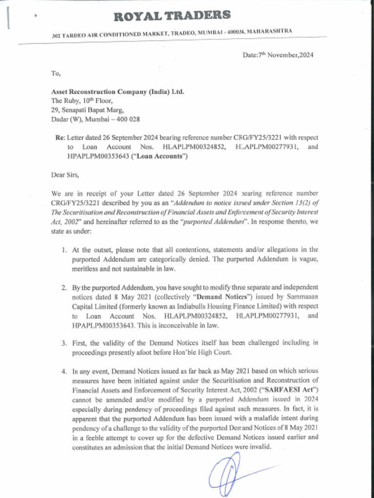 Royal Traders Reply Letter To Addendum Notice | PDF