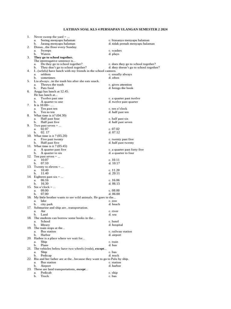 Latihan Soal Kls 4 Persiapan Ulangan Semester 2 2024 | PDF | Transport | Land Transport