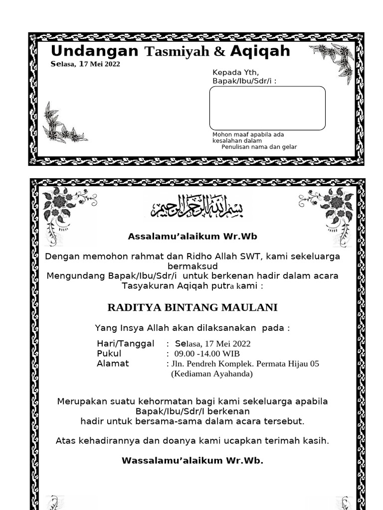 Undangan Aqiqah Raditya Bintang | PDF