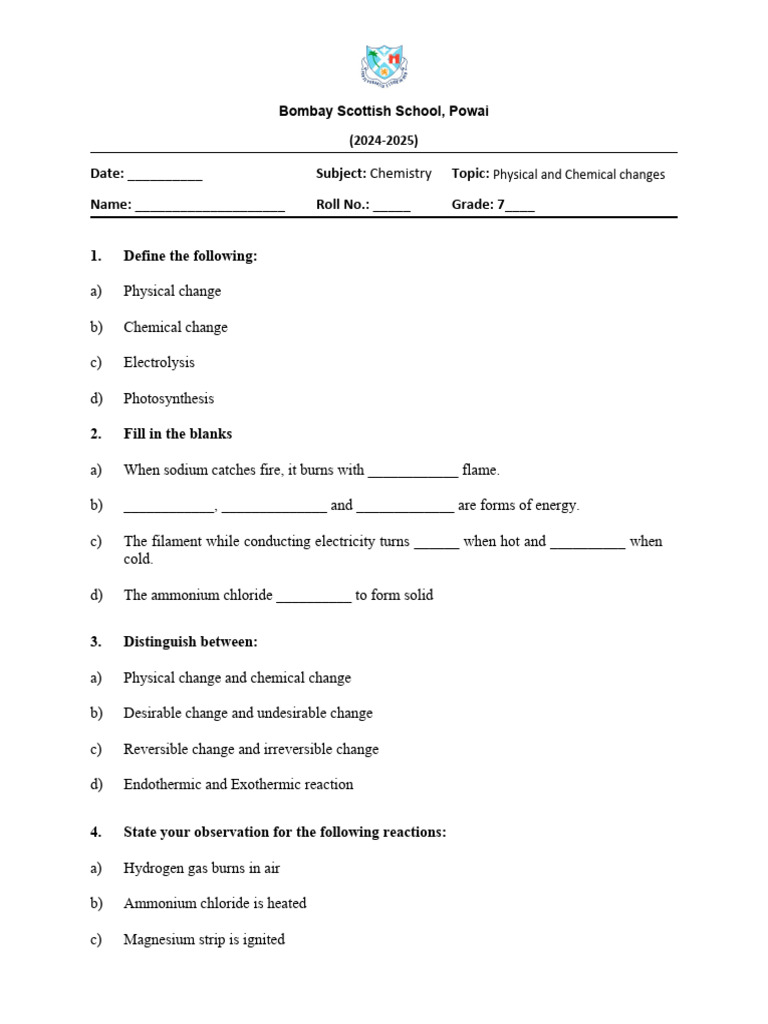 Grade 7 Physical and Chemical Changes Question Bank T1 | PDF
