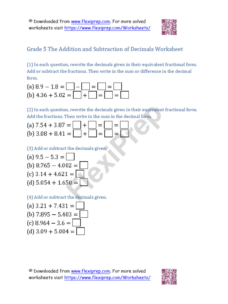 Grade 5 Decimal Addition & Subtraction Worksheet | PDF | Elementary ...