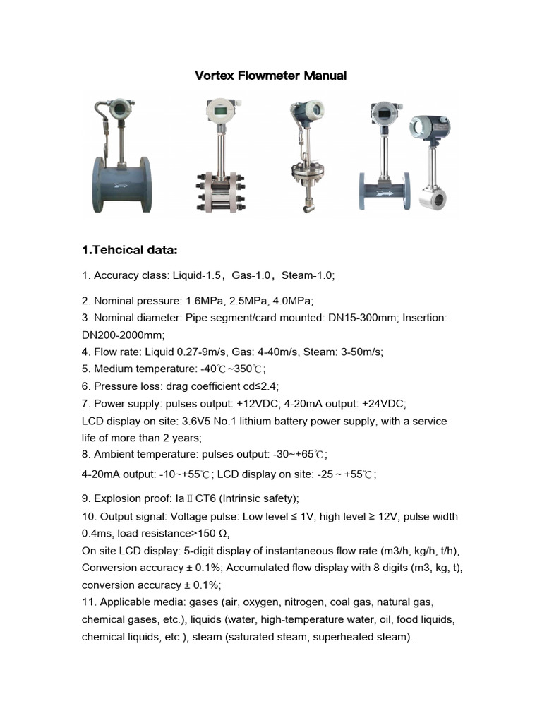 Technical Specification of Vortex Flowmeter | PDF | Flow Measurement | Sensor