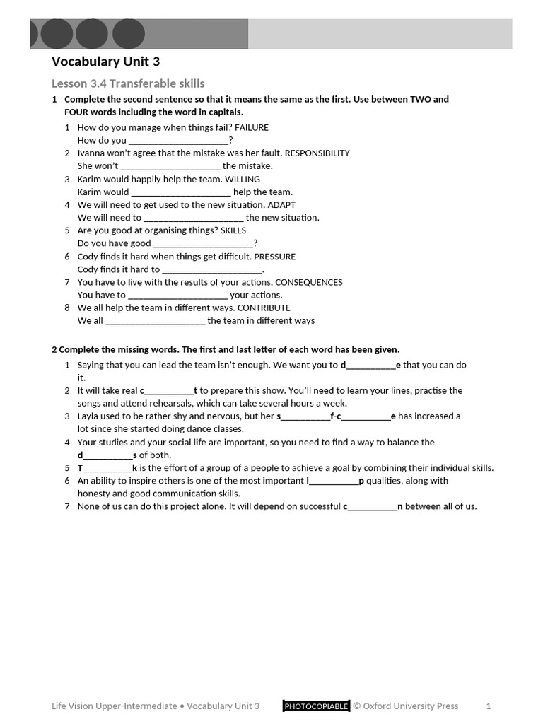 Life Vision Upp-Int Unit 3 Vocabulary Worksheet B | PDF | Behavioural Sciences | Social Psychology