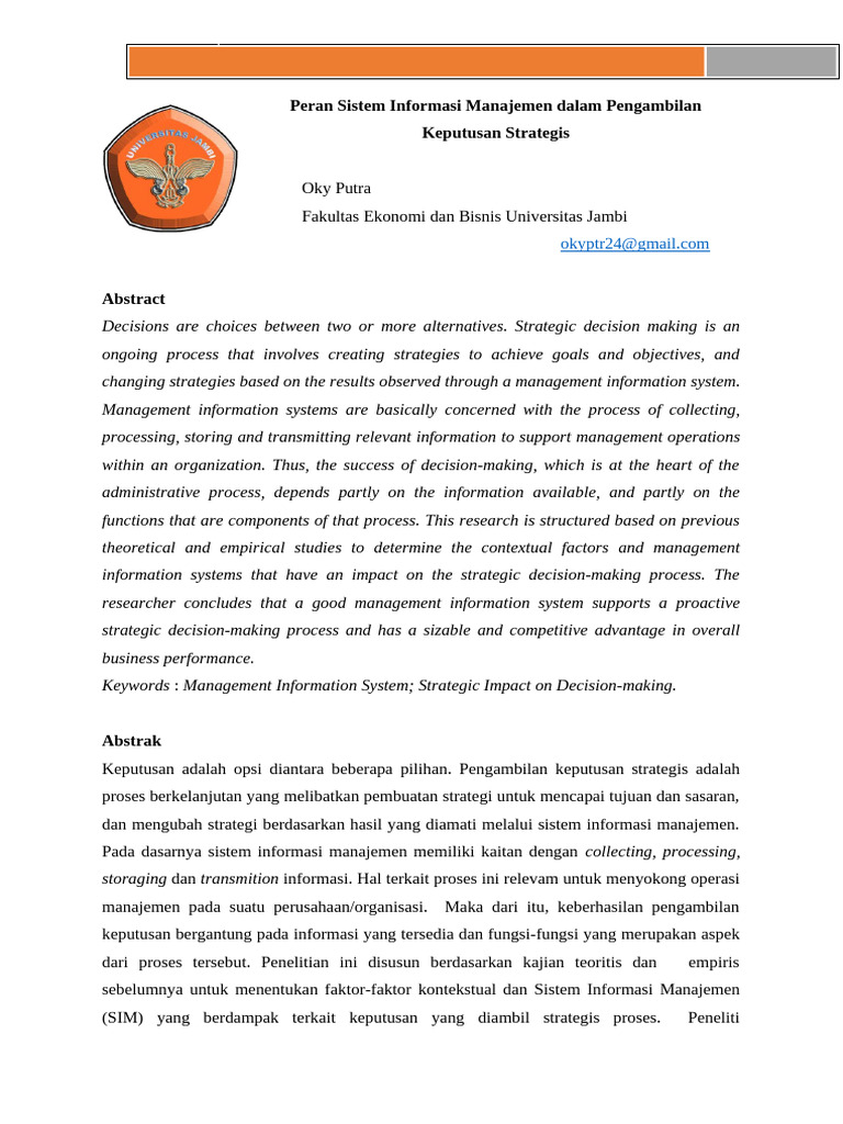 Peran Sistem Informasi Manajemen Dalam Pengambilan Keputusan Strategis - Oky Putra (C1C020142) | PDF