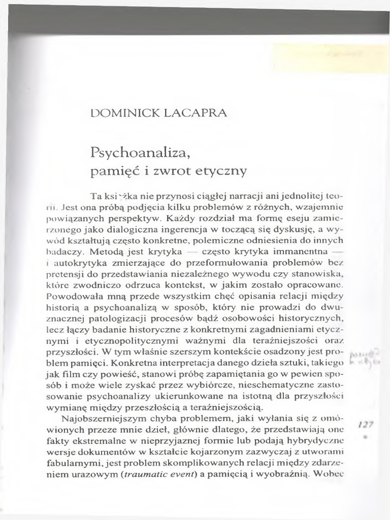 1. D.Lacapra - Psychoanaliza, pamięć i zwrot etyczny | PDF