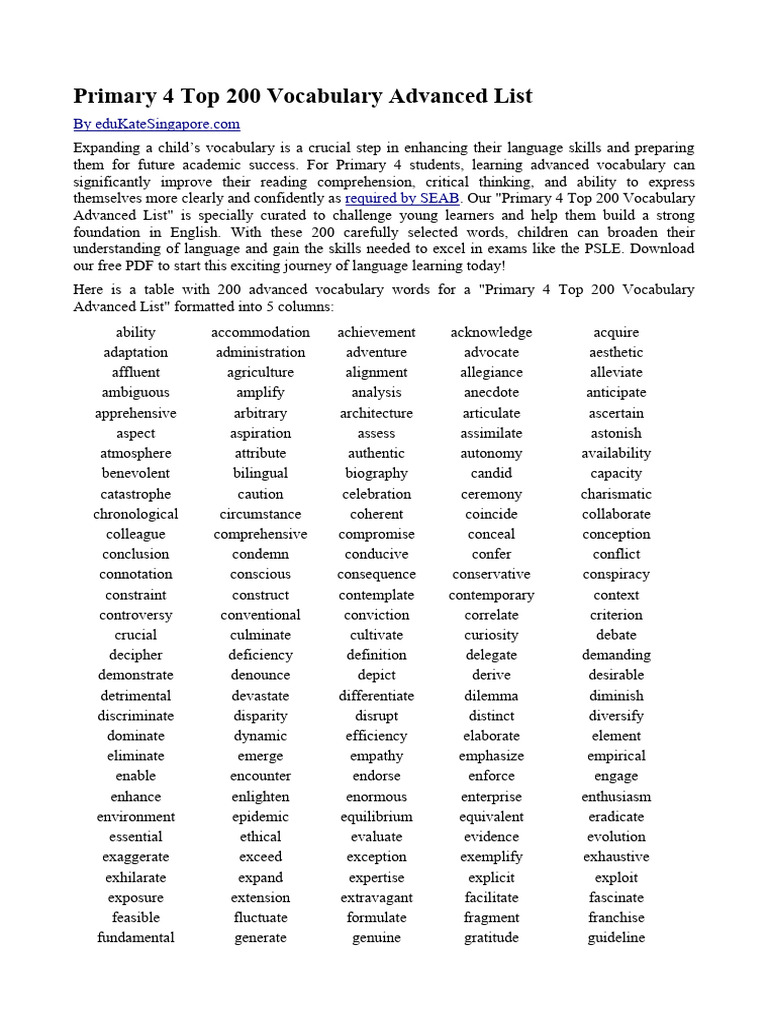 Primary 4 Top 200 Advanced Vocabulary Words | PDF | Vocabulary | Learning