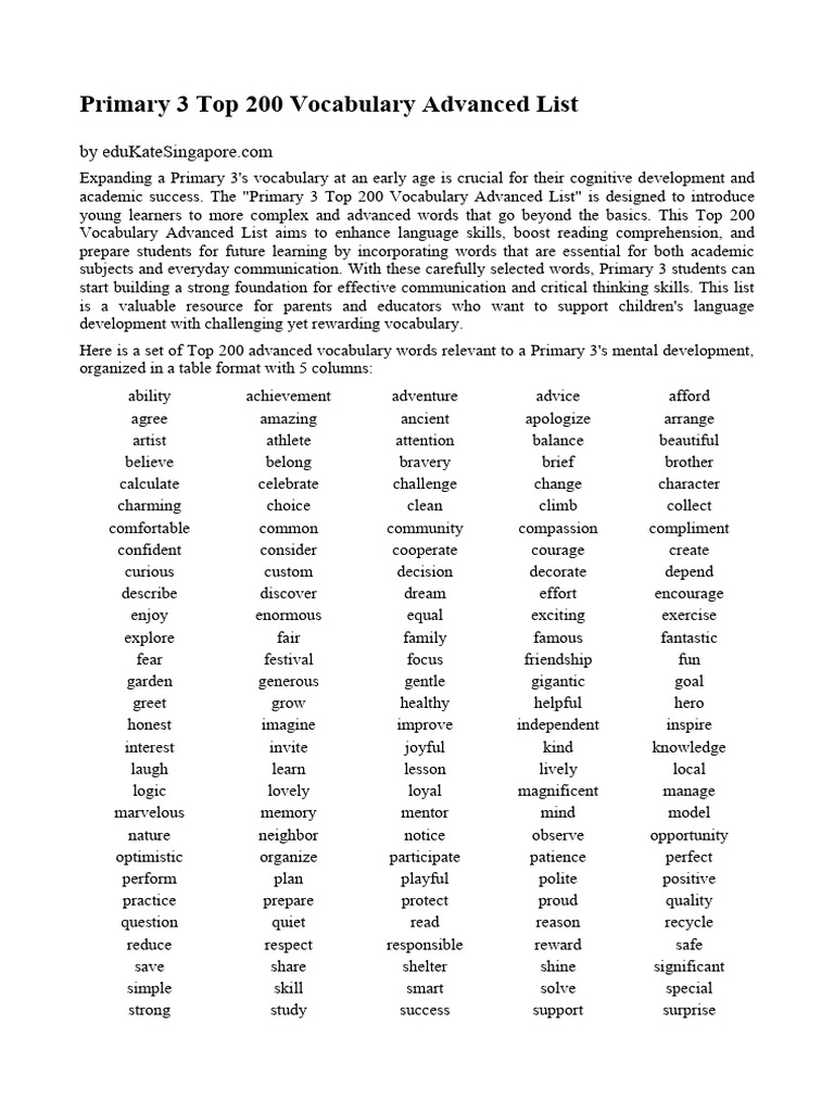 Primary 3 Top 200 Advanced Vocabulary List Printable Download | PDF ...