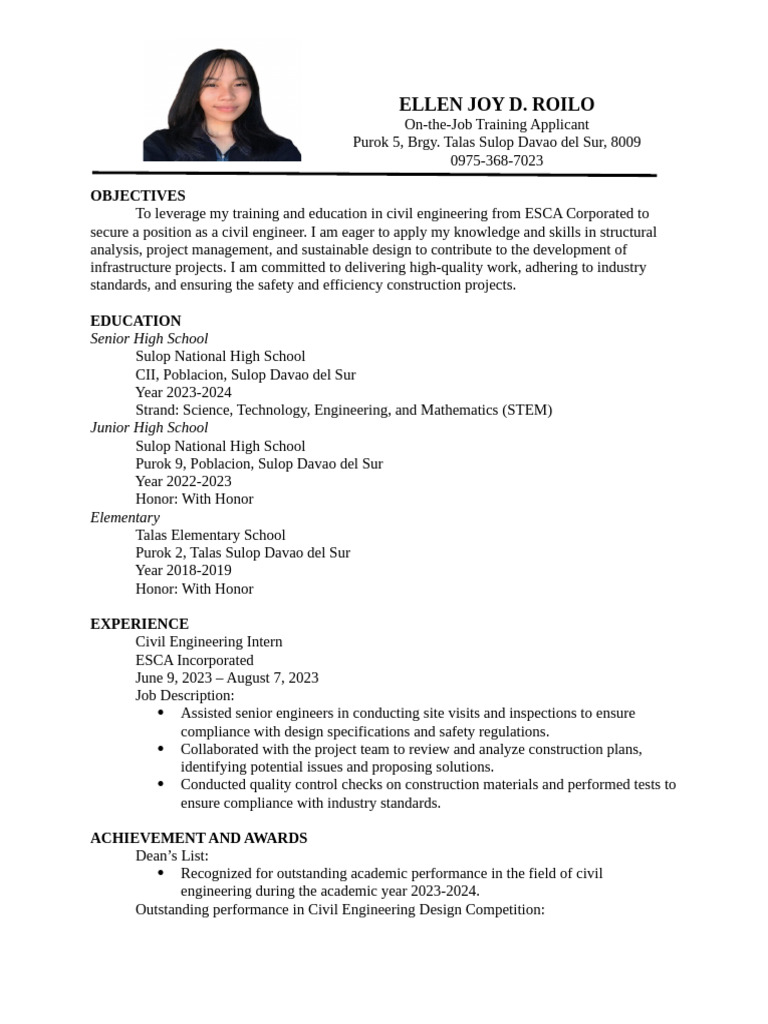 Civil Engineering Internship Resume | PDF | Engineering | Business