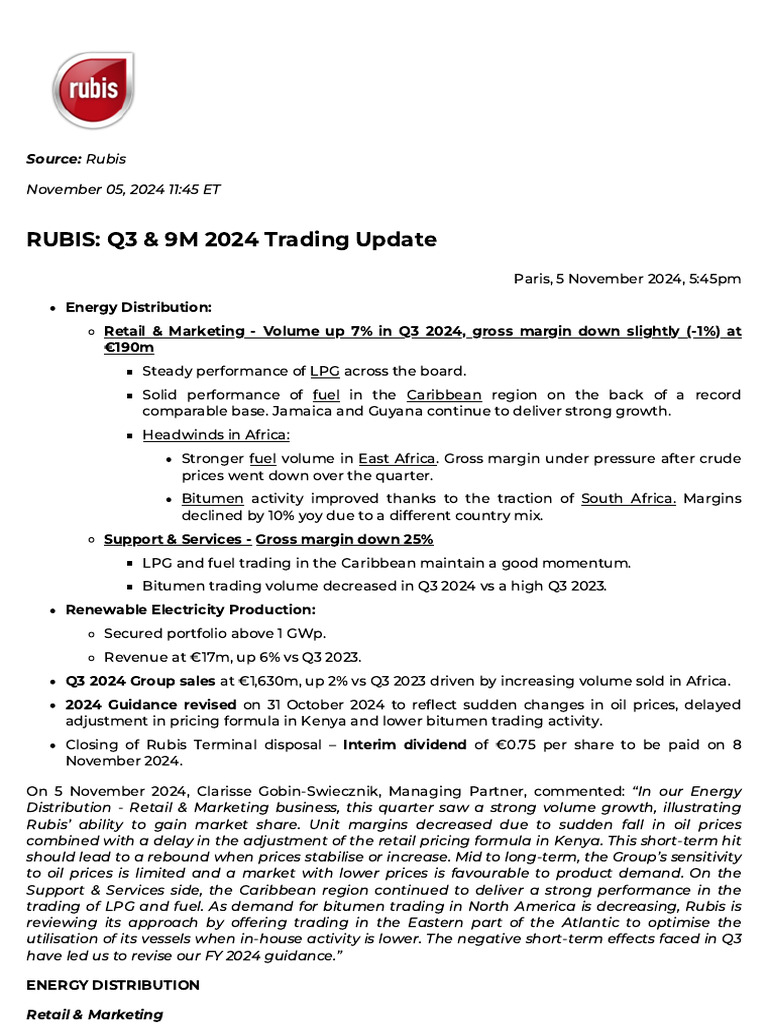 Rubis q3 9m 2024 Trading | PDF | Price Of Oil | Liquefied Petroleum Gas