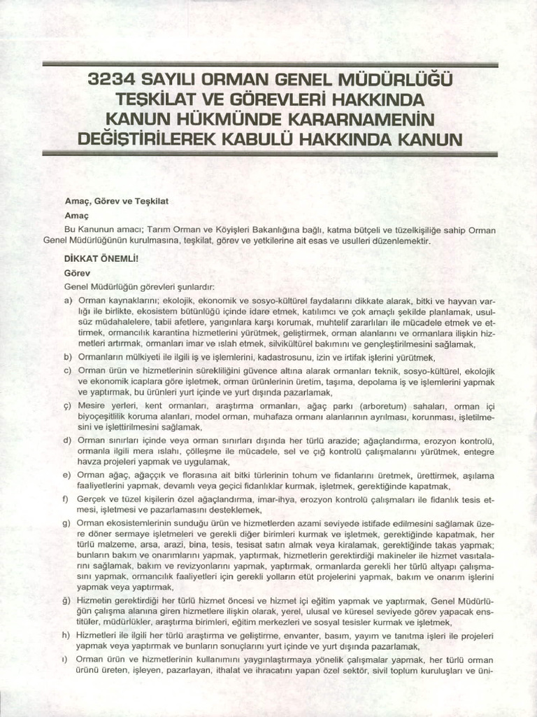 3234 Sayili Orman Genel Müdürlüğü Teşki̇lat Ve Görevleri̇ Hakkinda Kanun | PDF