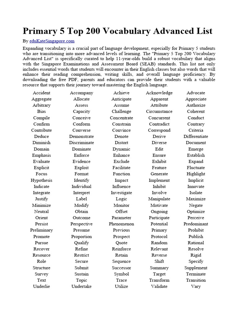 Primary 5 Advanced Vocabulary List | PDF | Vocabulary | Learning