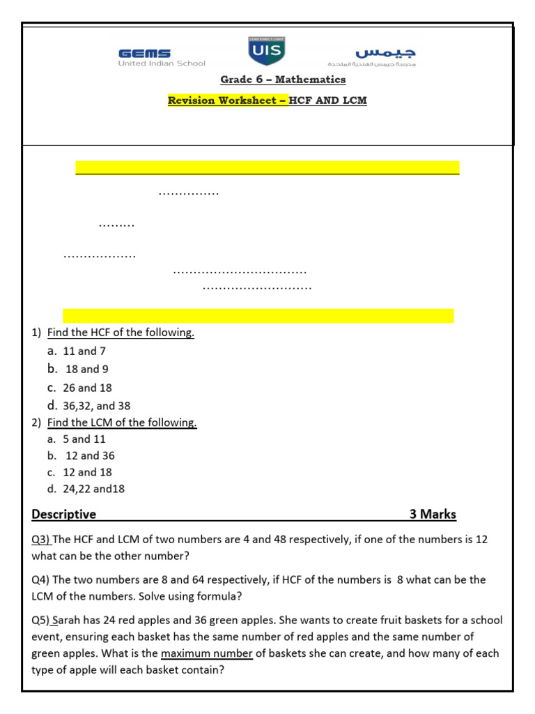 HCF and LCM Worksheet for Grade 6 | PDF | Mathematics