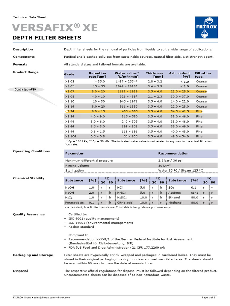 TDS_VERSAFIX-XE_2.0 | PDF | Filtration | Unit Operations