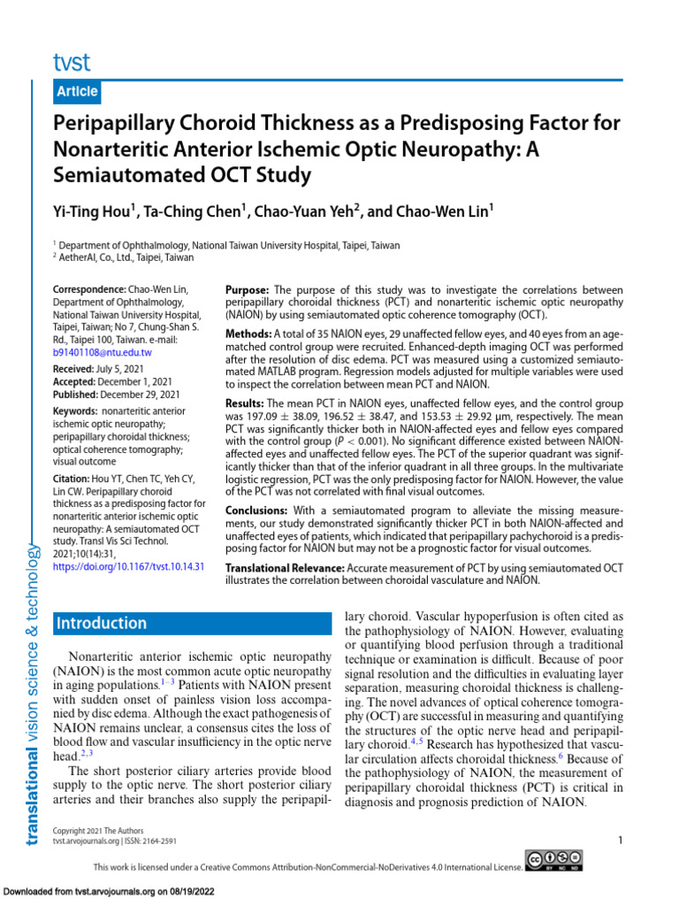 Peripapillary Choroid Thickness As A Predisposing Factor For Nonarteritic Anterior Ischemic ...