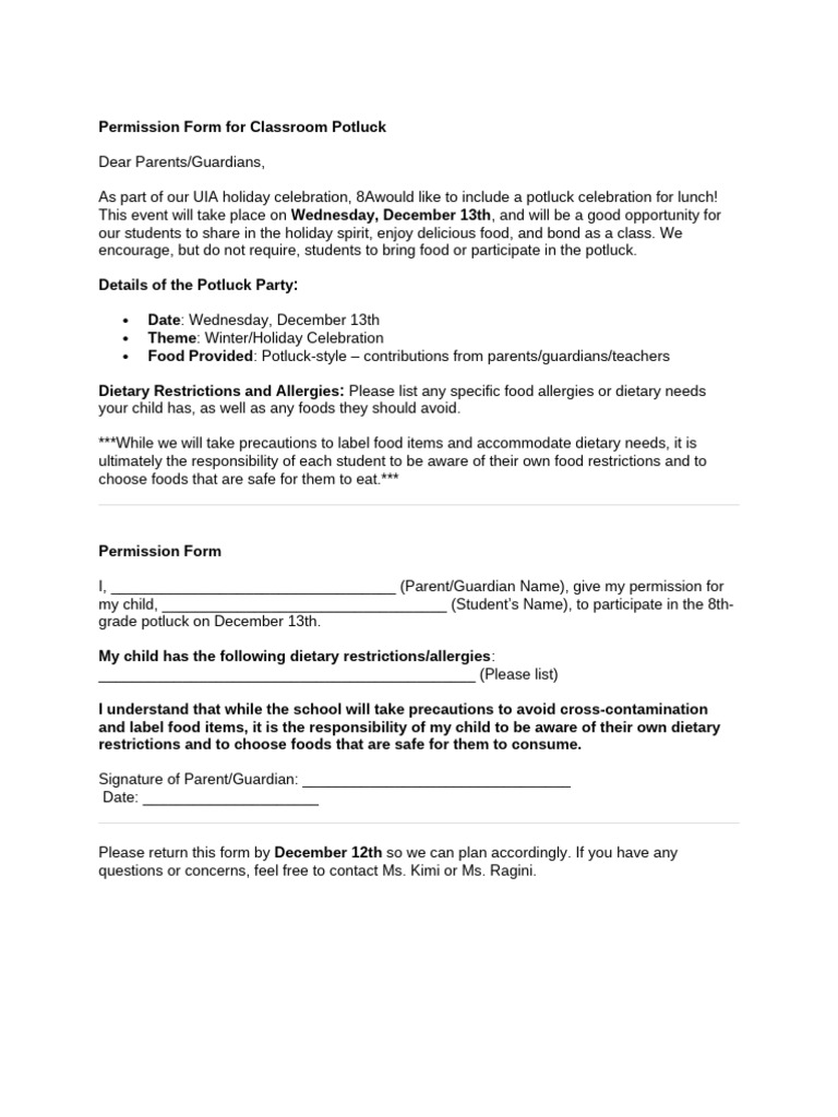 Permission_Form_for_Classroom_Potluck 2 | PDF