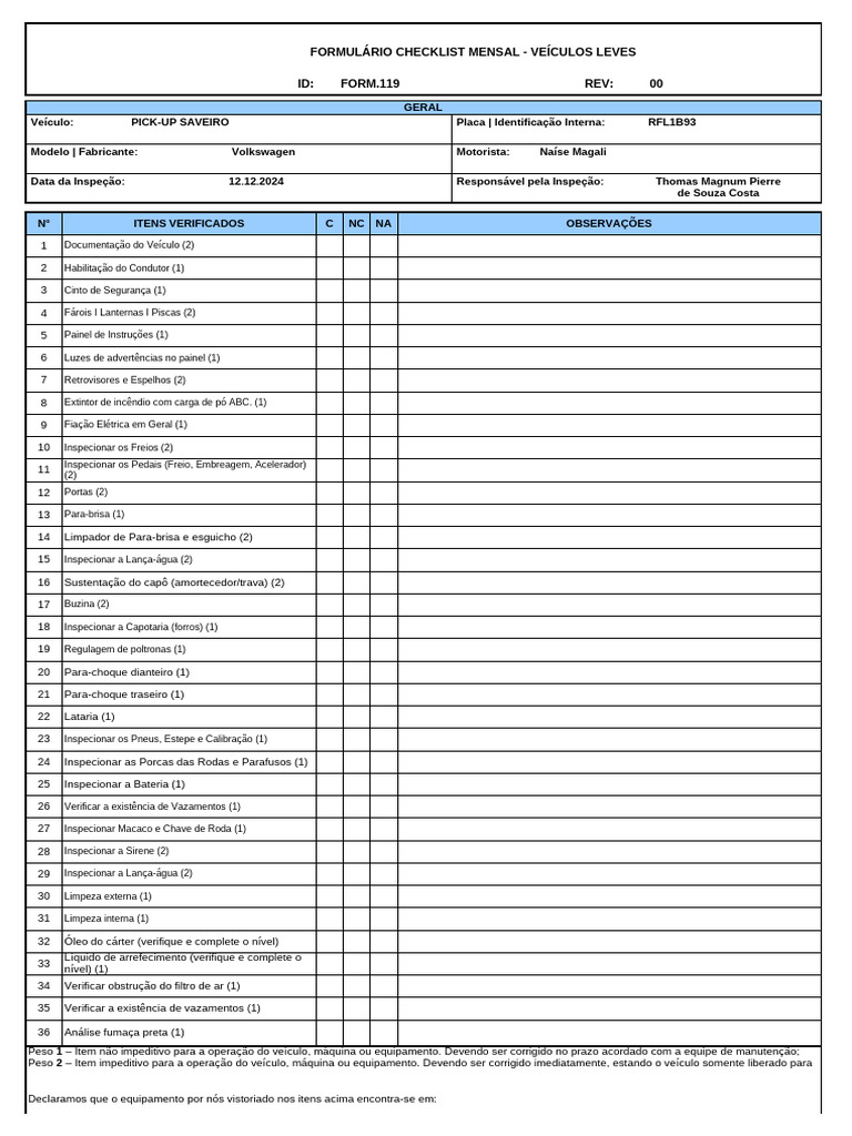 FORM.119 - CL Veículo Leve (Rev.00) | PDF | Veículos | Veículo motorizado
