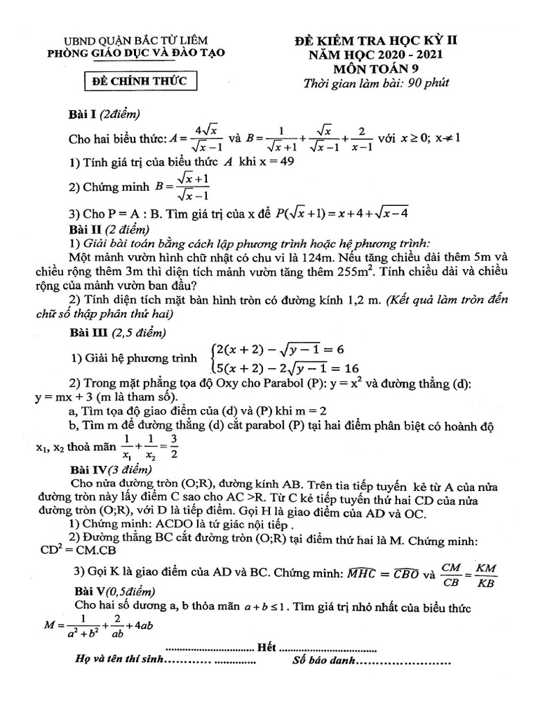 De Thi Hk2 Toan 9 Nam 2020 2021 Phong Gddt Bac Tu Liem Ha Noi | PDF