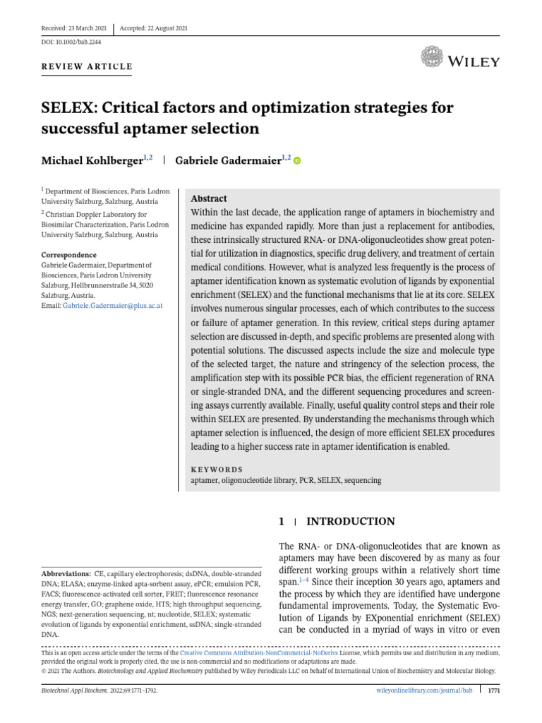 SELEX Optimization for Aptamer Selection | PDF | Dna Sequencing | Dna