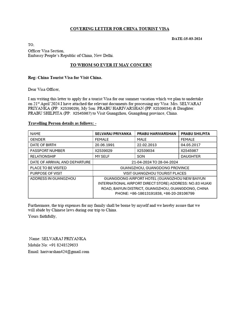 COVERING LETTER FOR CHINA TOURIST VISA | PDF
