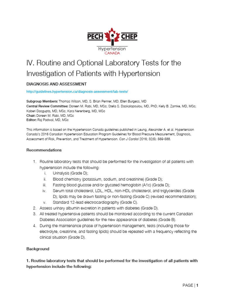 Chep Routine and Optional Lab Tests | PDF | Hypertension | Diabetes