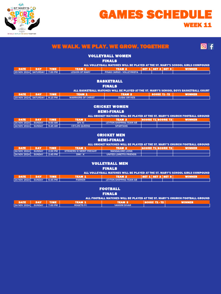 SPORTSFEST SCHEDULE Week 11 | PDF | Summer Sports | Team Sports