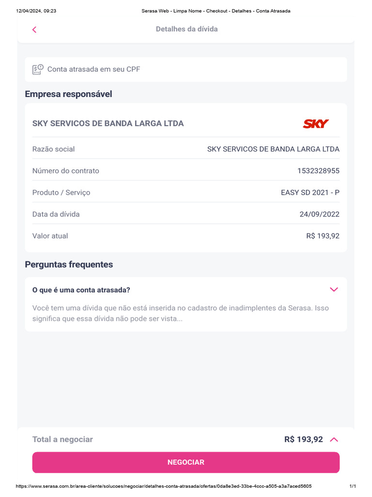 Serasa Web - Limpa Nome - Checkout - Detalhes - Conta Atrasada | PDF