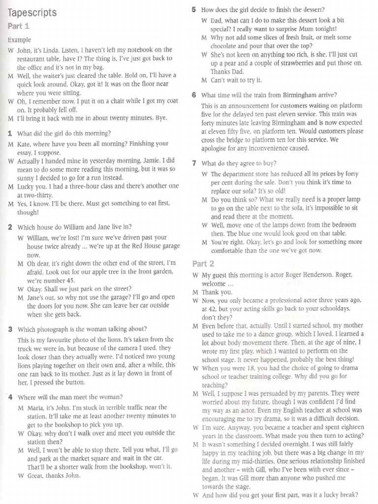 PET Masterclass Workbook Practice Test Listening Transcript | PDF