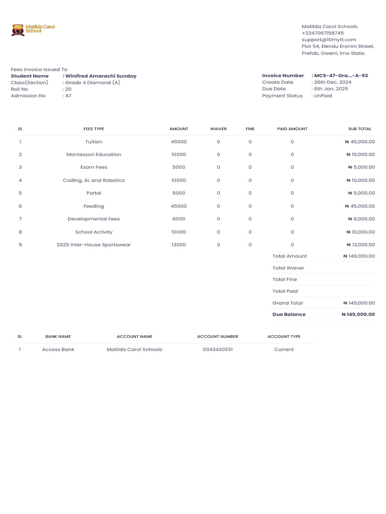 Sunday Winifred Amarachi Fees | PDF