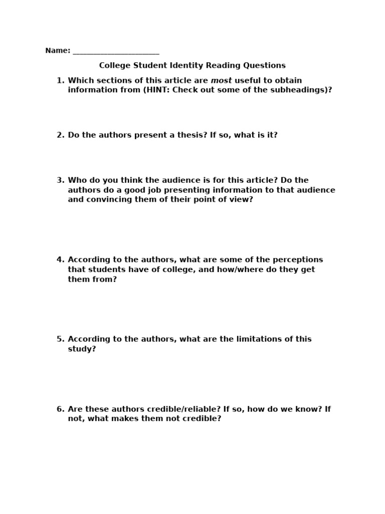 College Student Identity Reading Questions | PDF