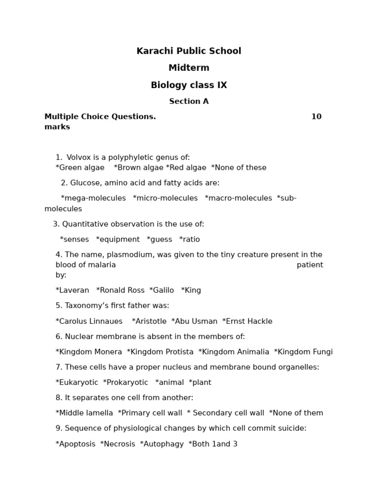 Class IX Biology Midterm Exam | PDF