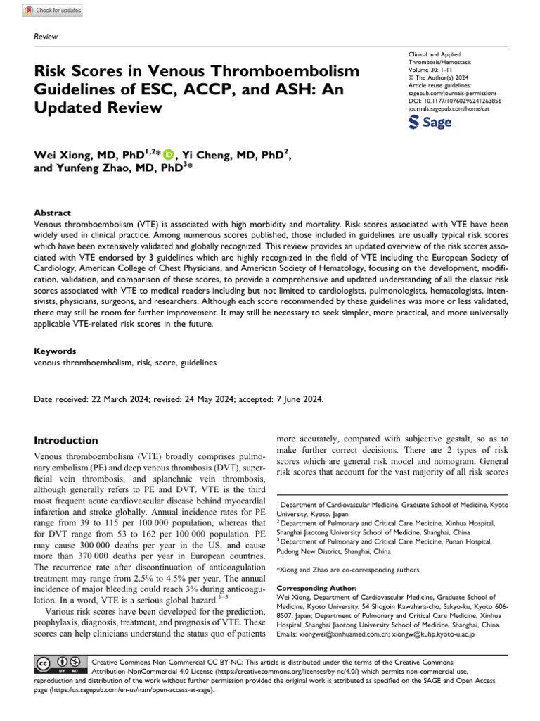 Risk Scores in Venous Thromboembolism Guidelines of ESC, ACCP, and ...