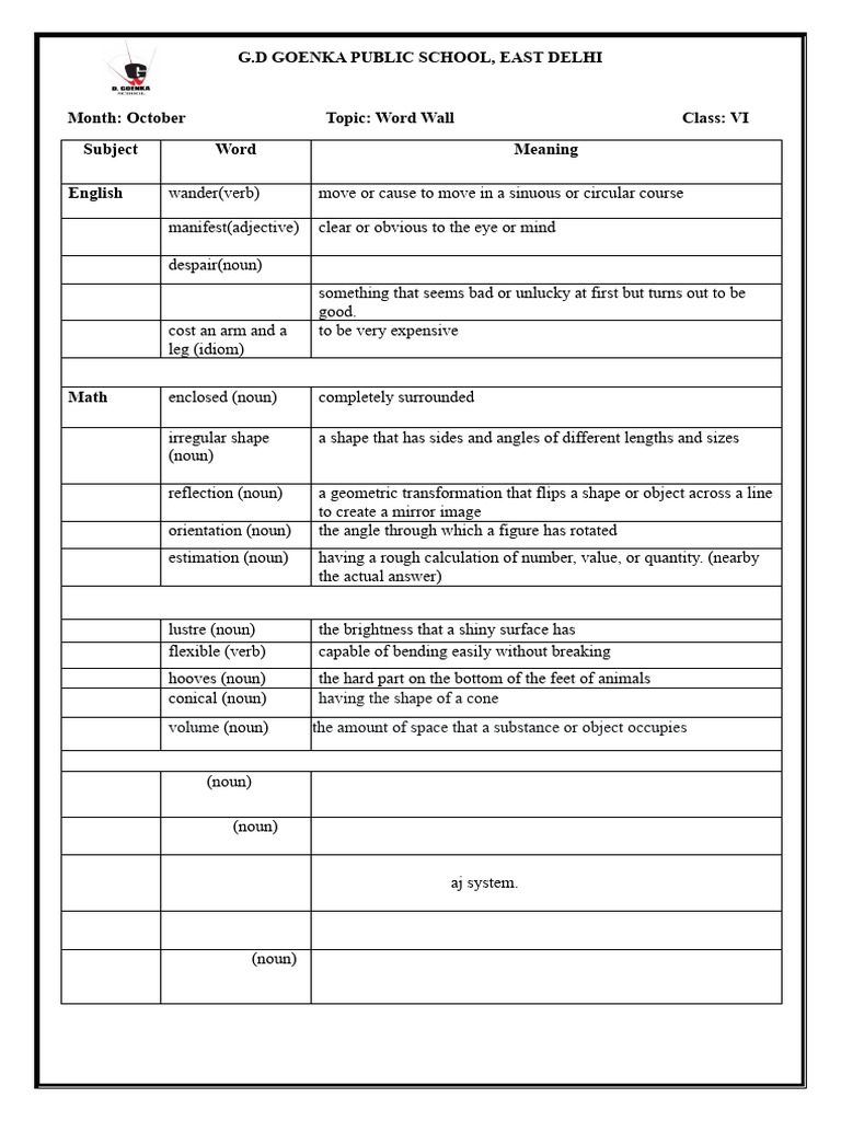 Grade 6 Word Wall - October | PDF