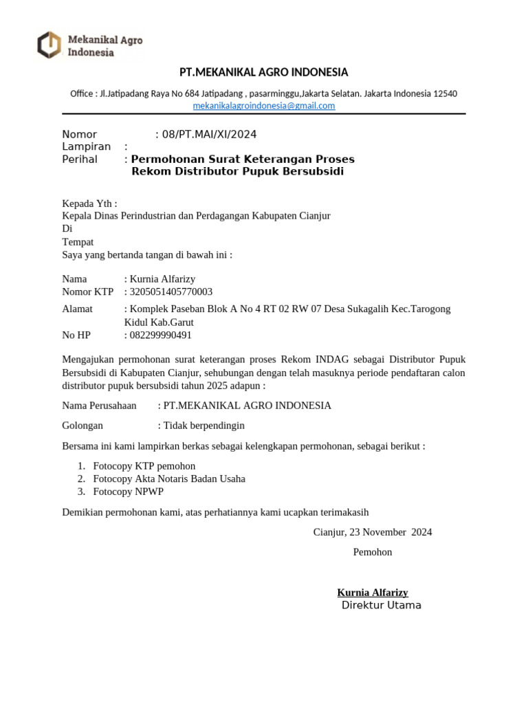 Surat Permohonan Rekom Indag | PDF